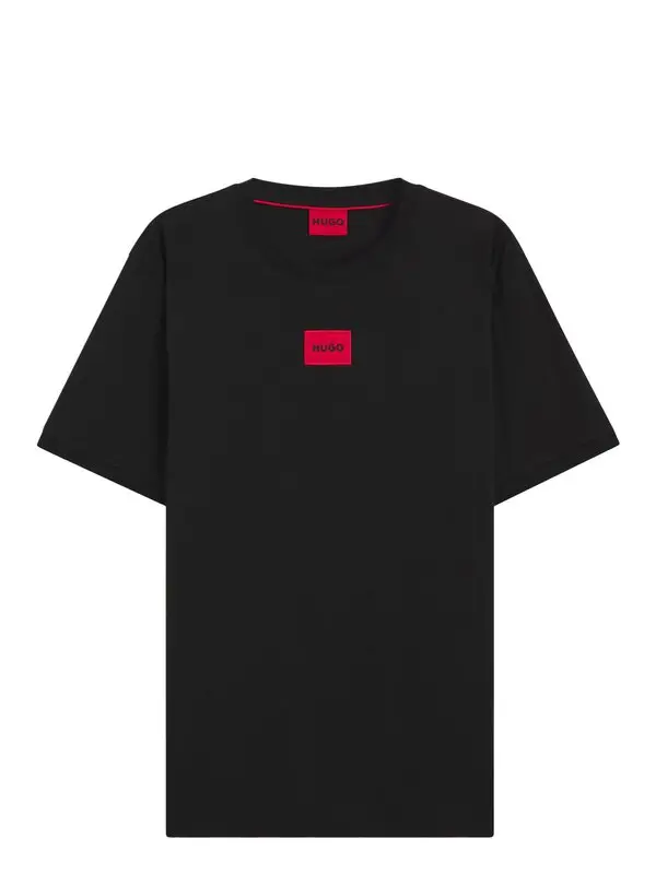 Hugo Cotton T-shirt With Red Woven Logo Label - Black