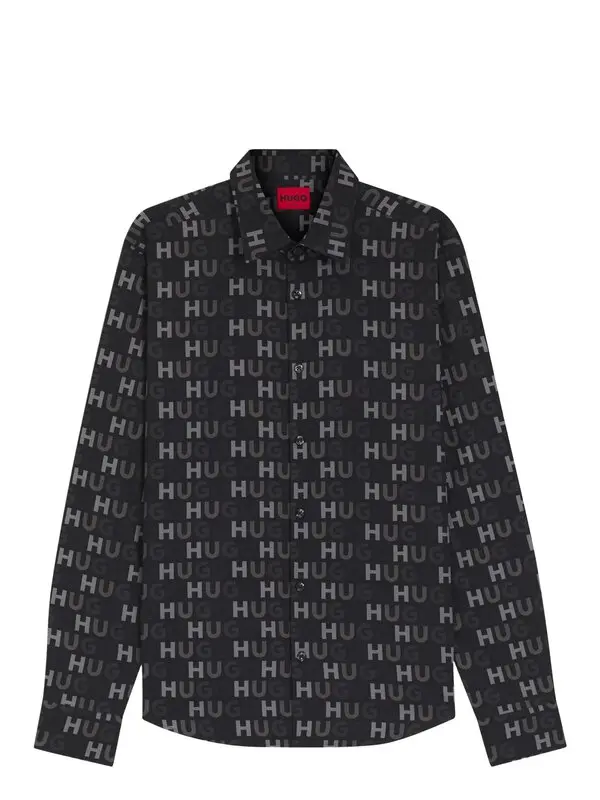 Hugo Printed Slim-fit Shirt In Cotton Poplin - Black