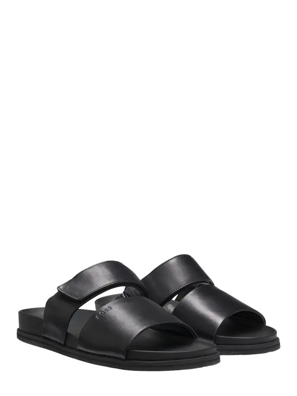 BOSS Leather Slides With Riptape Strap - Black