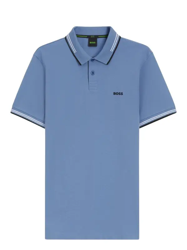 BOSS Stretch-cotton Slim-fit Polo Shirt With Branding And Stripes - Light Blue