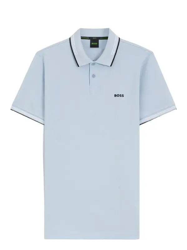 BOSS Stretch-cotton Slim-fit Polo Shirt With Branding And Stripes - Light Blue