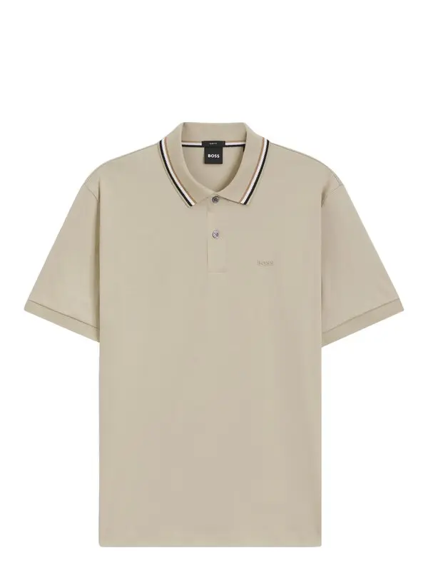 BOSS Striped-collar Slim-fit Polo Shirt In Cotton With Logo - Light Beige