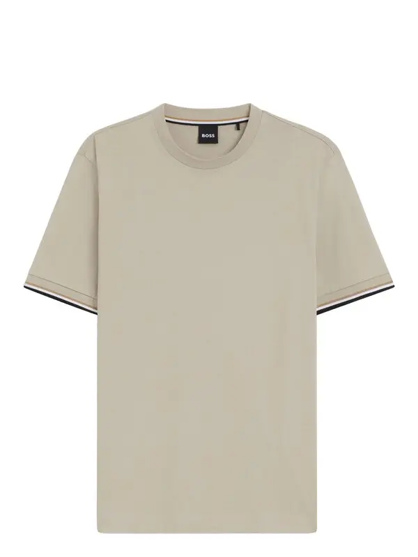 BOSS Cotton-jersey T-shirt With Signature-stripe Cuffs - Light Beige