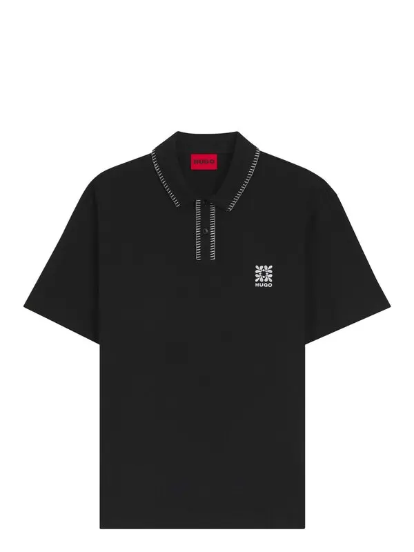 Hugo Logo-artwork Polo Shirt With Blanket Stitching - Black