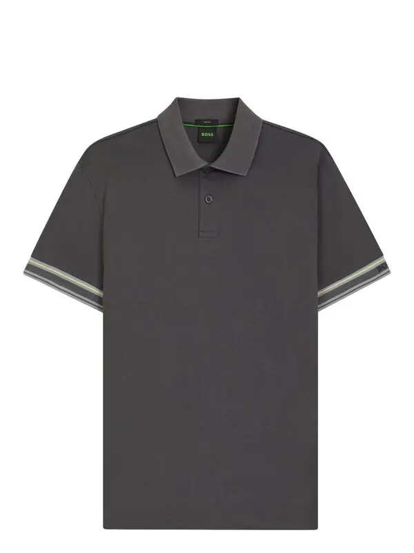 BOSS Stripe-cuff Polo Shirt In Interlock Cotton - Dark Grey