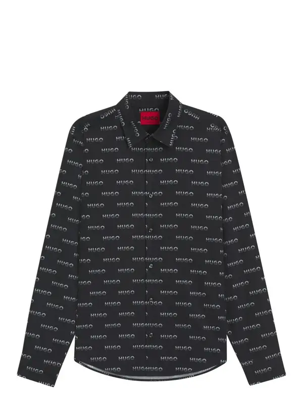 Hugo Printed Slim-fit Shirt In Cotton Poplin - Black