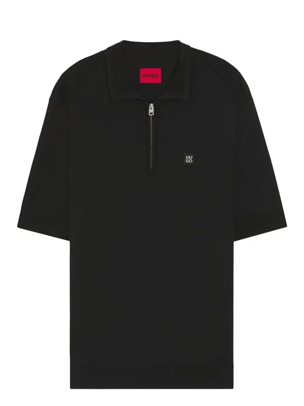 Hugo Zip-neck Knit Polo With Jacquard Details - Black