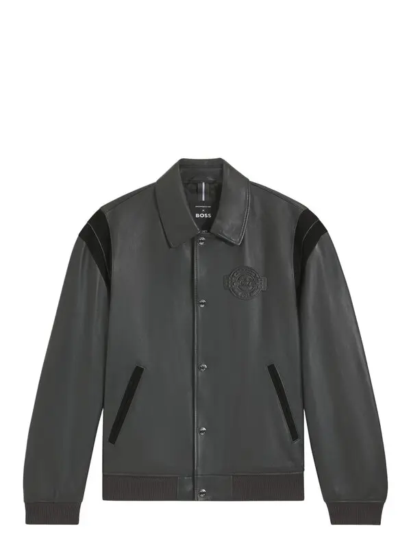 BOSS Porsche X Leather Jacket With Targa Logo - Dark Grey
