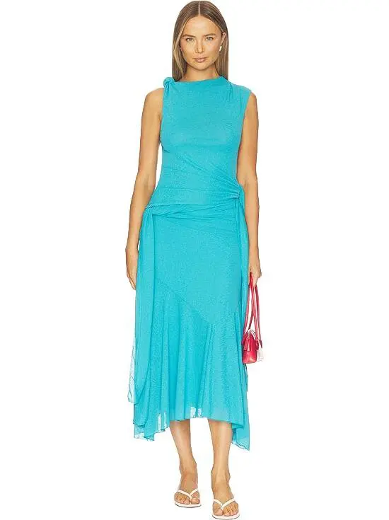 GANNI Marl Mesh Draped Knot Detailing Long Dress - Blue