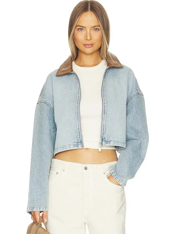 SEROYA Coop Denim Jacket With Leather Collar Detail - Blue