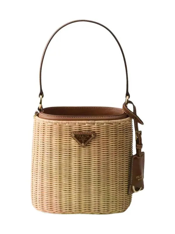 Prada Woven Bucket Bag With Leather Details - Neutrals