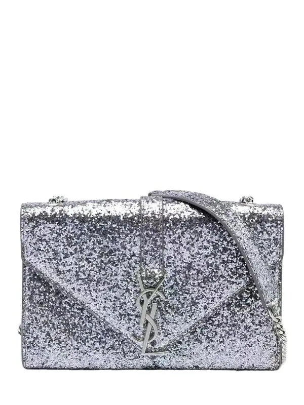 Saint Laurent Glitter Galactica Leather Monogram Envelope Chain Wallet Crossbody Bag - Silver