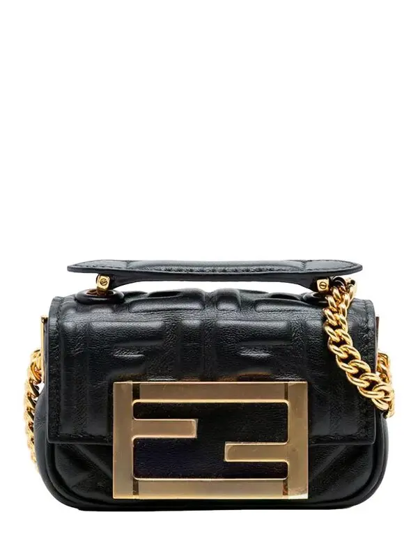 Fendi Zucca Embossed Leather Baguette With Chain Strap - Black