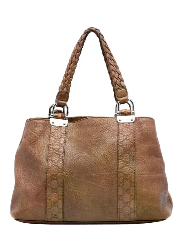 Gucci Ssima Trimmed Leather Bamboo Libeccio Tote Bag - Brown