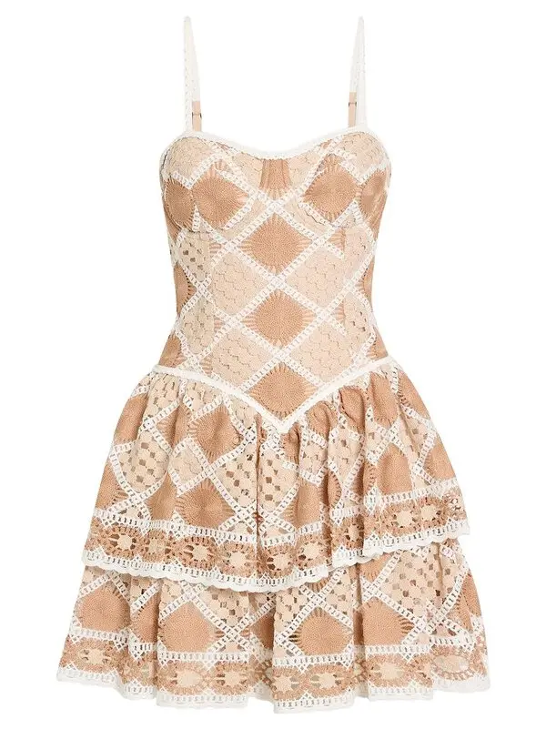 PatBO Bossa Tiered Crocheted Cotton Mini Dress - Beige