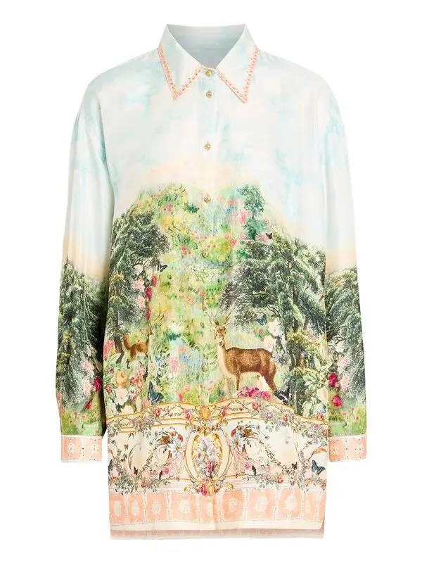 Camilla Crystal-embellished Printed Silk-twill Shirt - Green