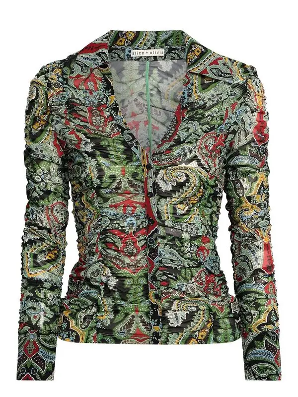 Alice + Olivia Portia Ruched Printed Stretch-mesh Shirt - Sage Green