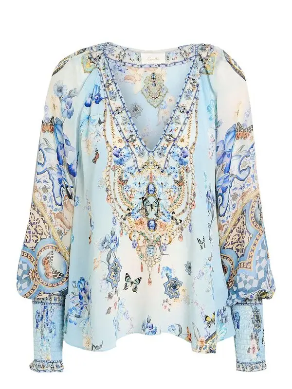 Camilla Crystal-embellished Printed Silk Crepe De Chine Blouse - Sky Blue