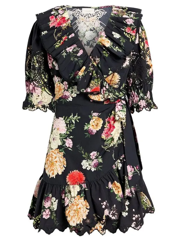 Camilla Broderie Anglaise-trimmed Floral-print Cotton-poplin Mini Wrap Dress - Black