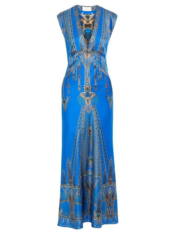 Camilla Printed Silk-satin Maxi Dress - Bright Blue