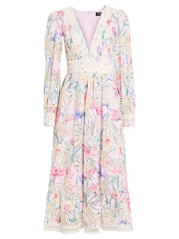 PatBO Floral-print Poplin And Guipure Lace Midi Dress - Lilac