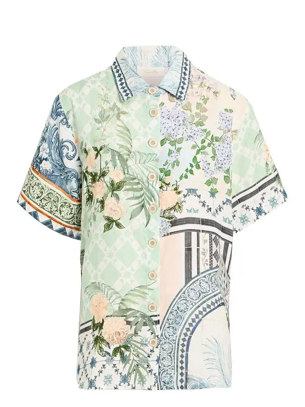 Camilla Crystal-embellished Printed Linen Shirt - Mint