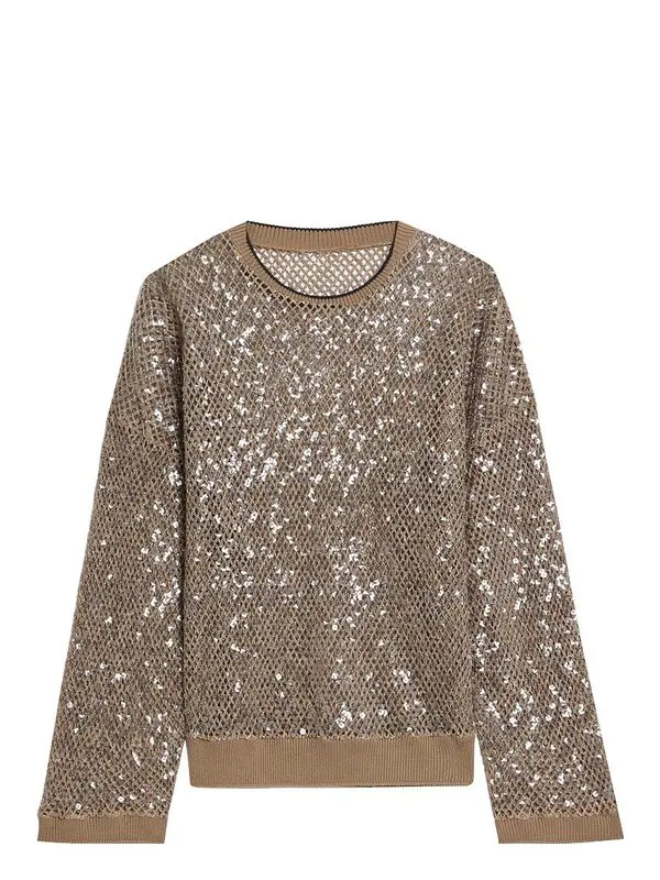 Brunello Cucinelli Sequin-embellished Open-knit Linen-blend Sweater - Taupe