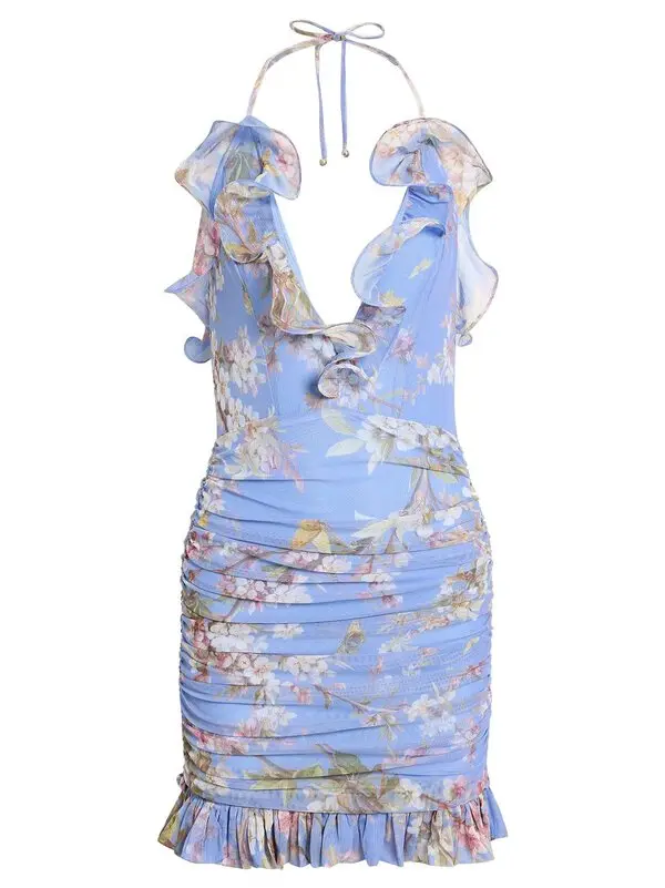 PatBO Floral-print Mesh Halterneck Mini Dress - Sky Blue