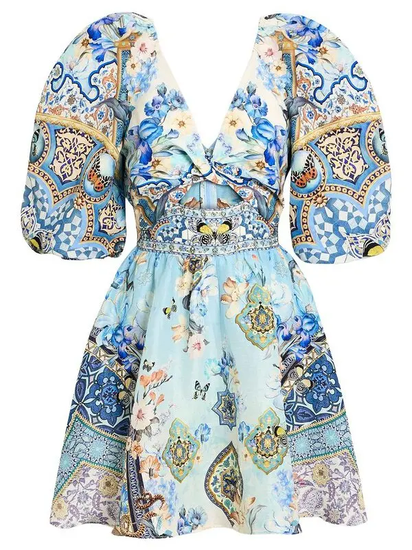 Camilla Crystal-embellished Printed Mini Dress - Light Blue