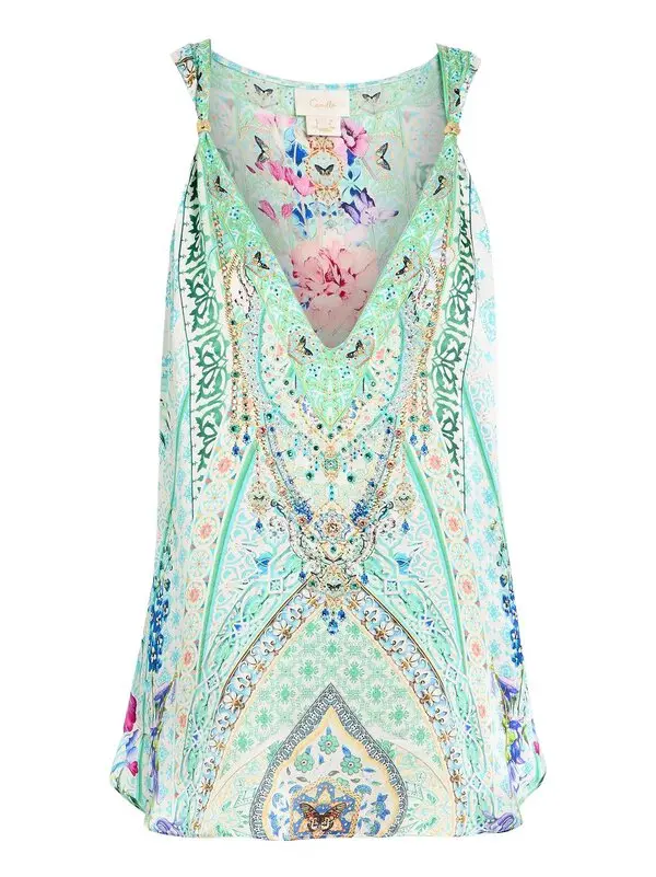 Camilla Embellished Printed Silk-satin Top - Mint