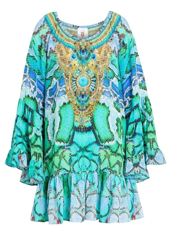 Camilla Crystal-embellished Printed Silk Dress - Turquoise