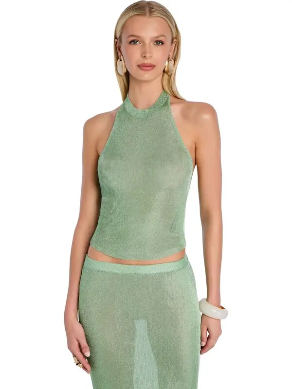 SEROYA Minnie Metallic Knit Halter Top - Sage