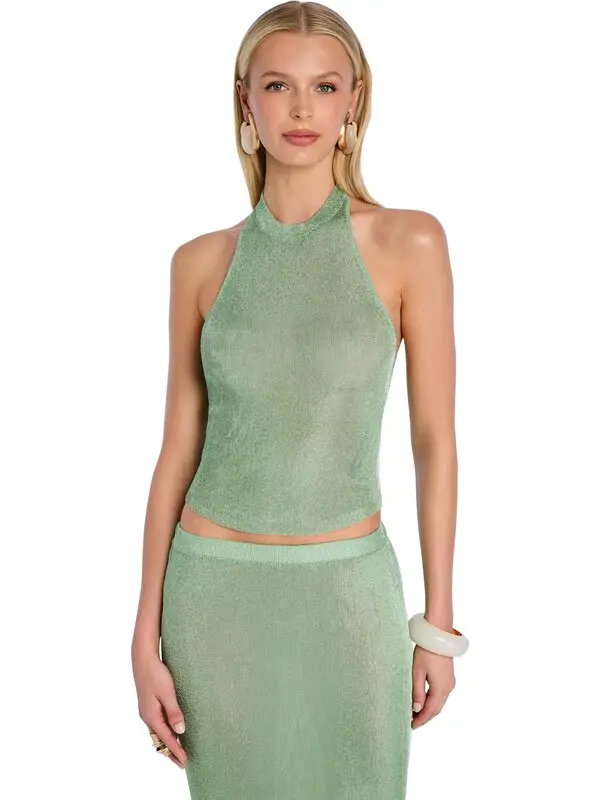 SEROYA Minnie Metallic Knit Halter Top - Sage