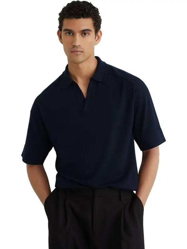 REISS Merino Wool Relaxed Polo Jumper - Navy
