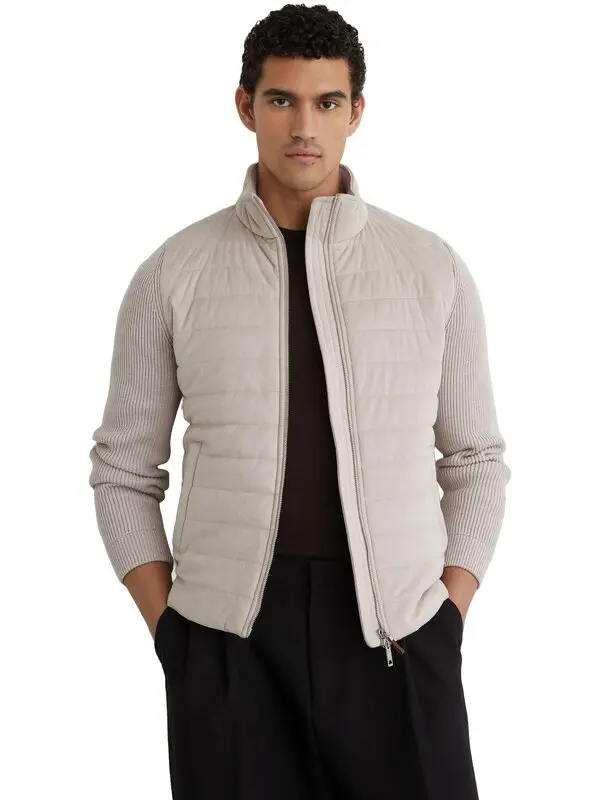 REISS Quilted Hybrid Zip-through Jacket - Oatmeal
