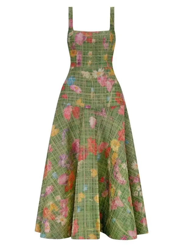 Lela Rose Floral-print Raffia Midi Dress - Green
