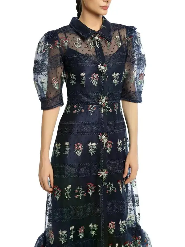 MIAU BY CLARA ROTESCU Floral-embroidered Tiered Dress - Blue