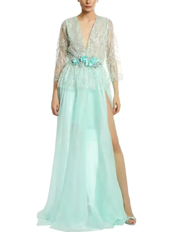 MIAU BY CLARA ROTESCU Sequin-embellished Floral-appliqué Dress - Blue