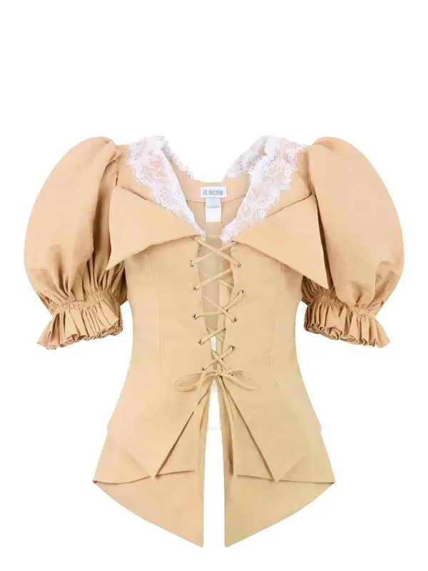 LES FILLES D'EVA Lace-trimmed Puff-sleeve Top - Neutrals
