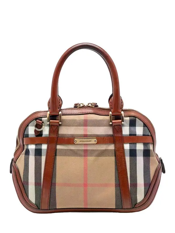 Burberry Leather Trimmed House Check Canvas Bridle Orchard Satchel - Brown