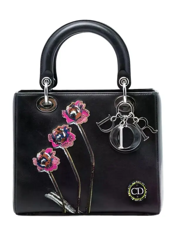 Dior 2016 Medium Embroidered Flower Lady Satchel - Black
