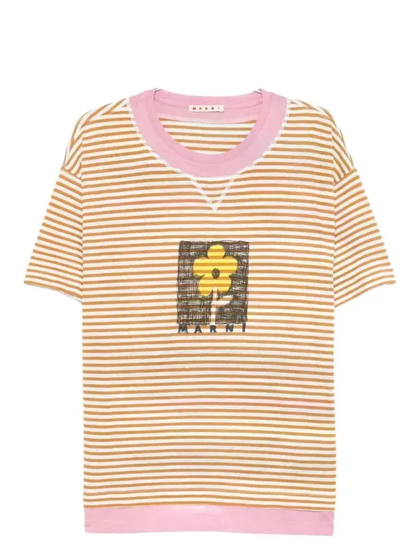 Marni Stripe-pattern Floral-print T-shirt - Brown