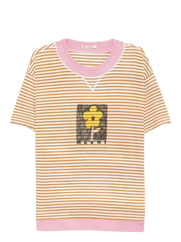 Marni Stripe-pattern Floral-print T-shirt - Brown