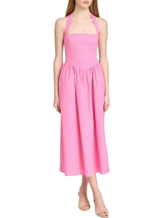 WAYF Camellia Halter Neck Midi Dress - Poppy Pink