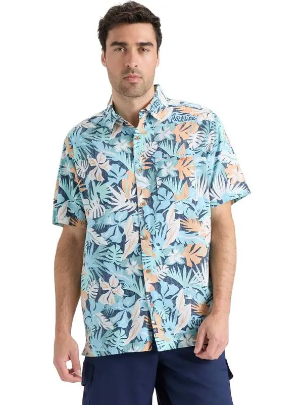 SALT LIFE Retro Tropical Tuna Woven Short Sleeve Shirt - Washed Navy