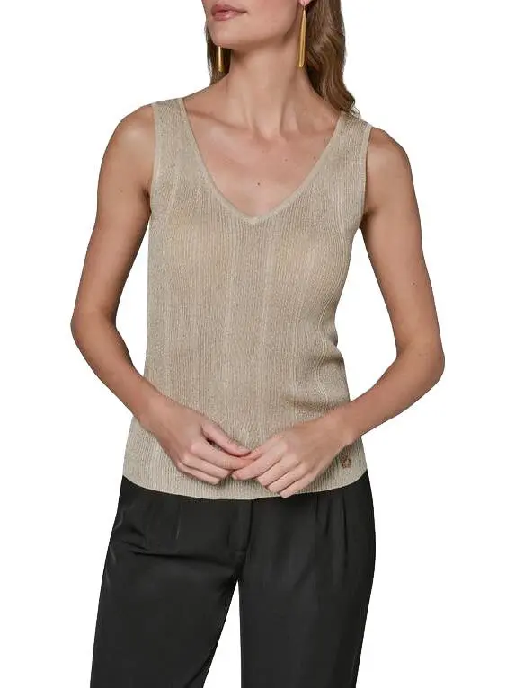 Donna Karan New York Metallic V-neck Ribbed Sweater Tank - Light Gold