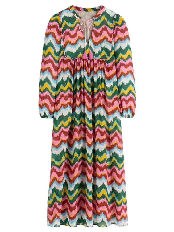 Boden Boho Print Tie Neck Cotton Kaftan Midi Dress - Multi/ Zig Zag Wave