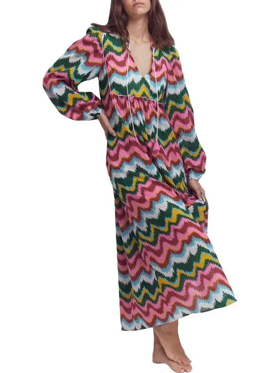 Boden Boho Print Tie Neck Cotton Kaftan Midi Dress - Multi/ Zig Zag Wave