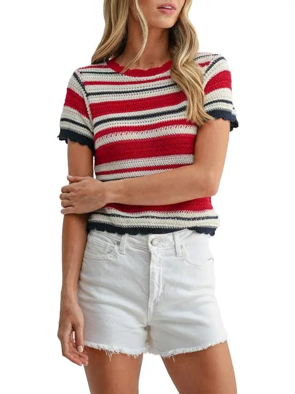 ALL IN FAVOR Stripe Crochet Top - Cream Red Stripe