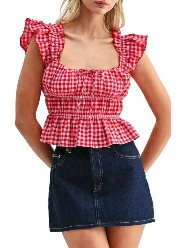 ALL IN FAVOR Gingham Smocked Bodice Peplum Top - Red Gingham